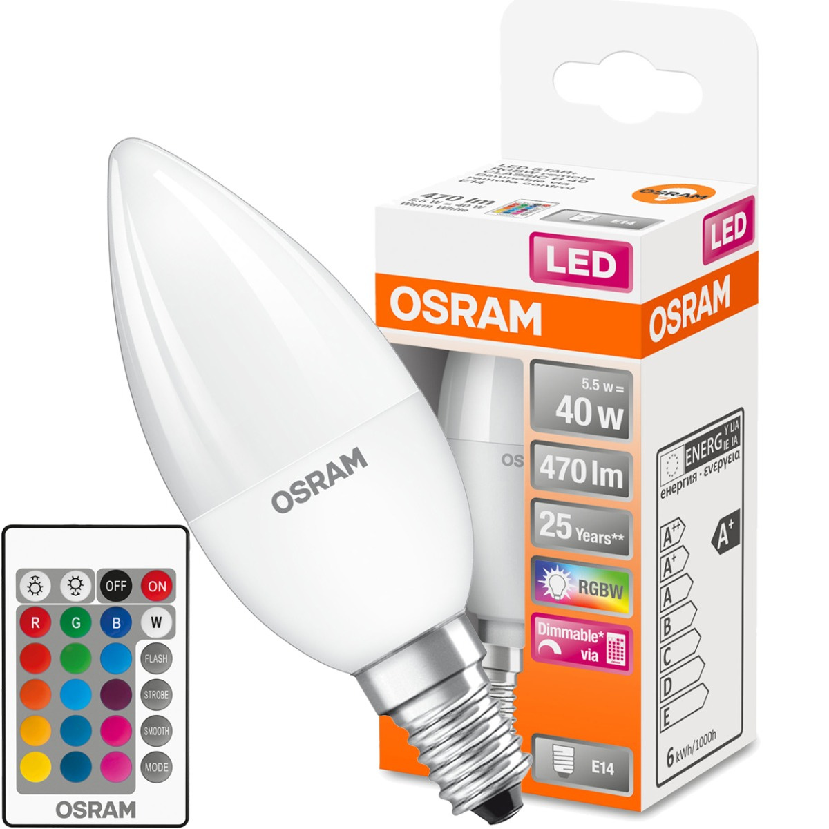 Żarówka LED ŚWIECA E14 5,5W = 40W 470lm OSRAM RGBW + PILOT ściemnialna 4058075430853